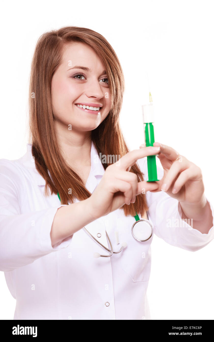 Woman in lab coat. Doctor with syringe wants to do injection isolated ...