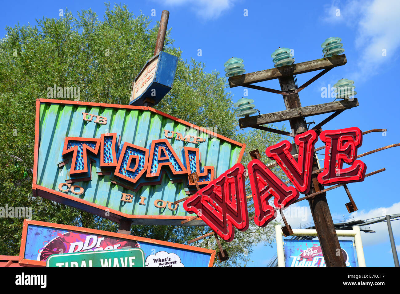 Tidal Wave water ride sign, Thorpe Park Theme Park, Chertsey, Surrey ...