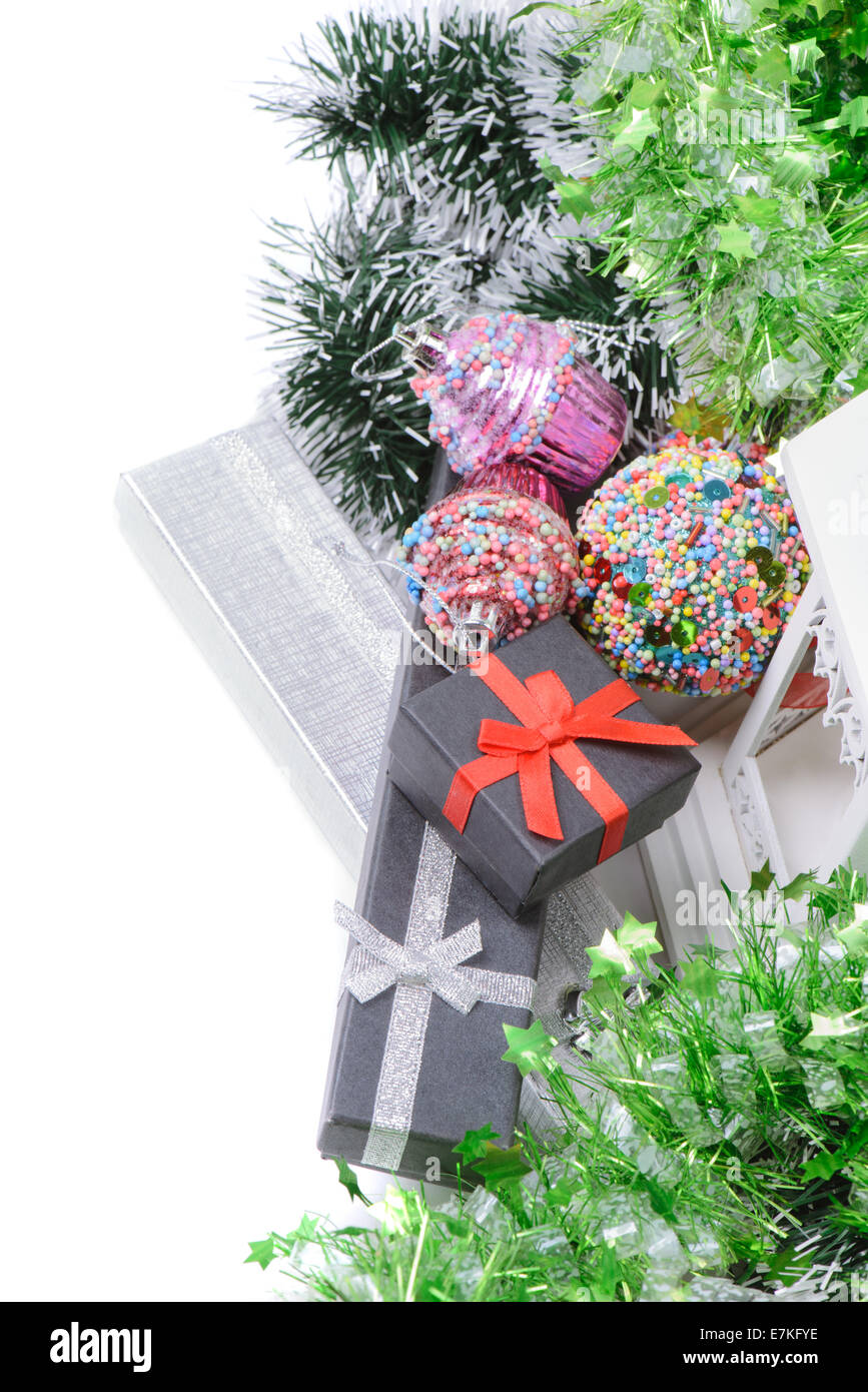Elevated view on christmas present gifts, tinsel Stock Photo - Alamy