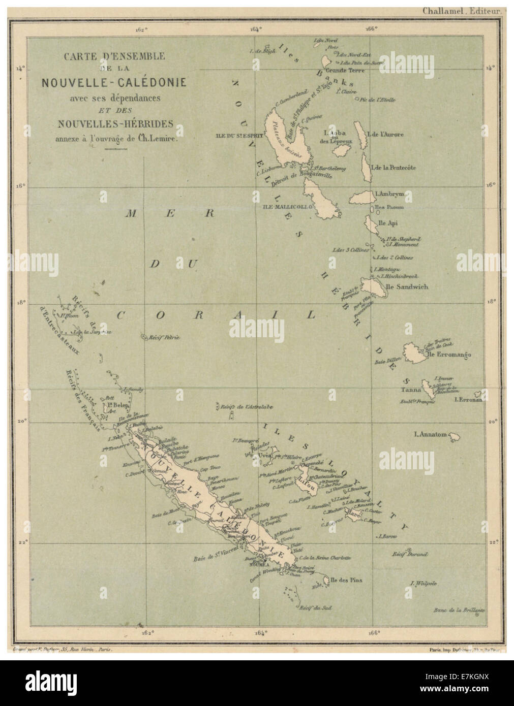 An 1884 map illustration showing the geography of New Caledonia. This ...