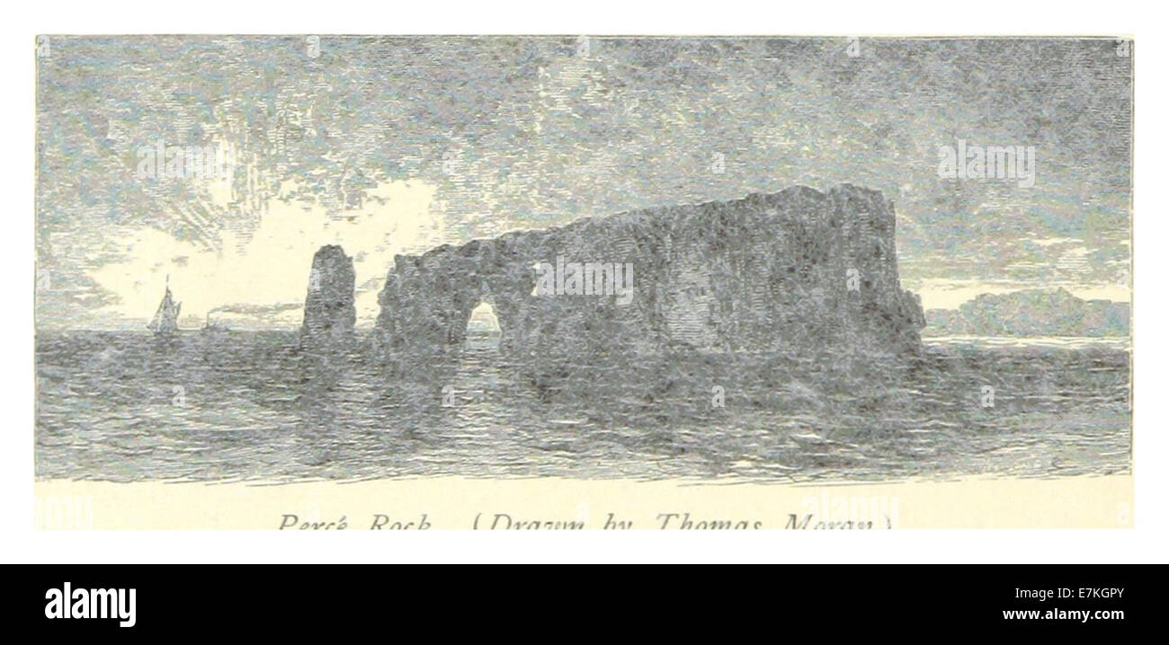 An 1885 illustration depicting Perce Rock, a famous natural landmark in ...