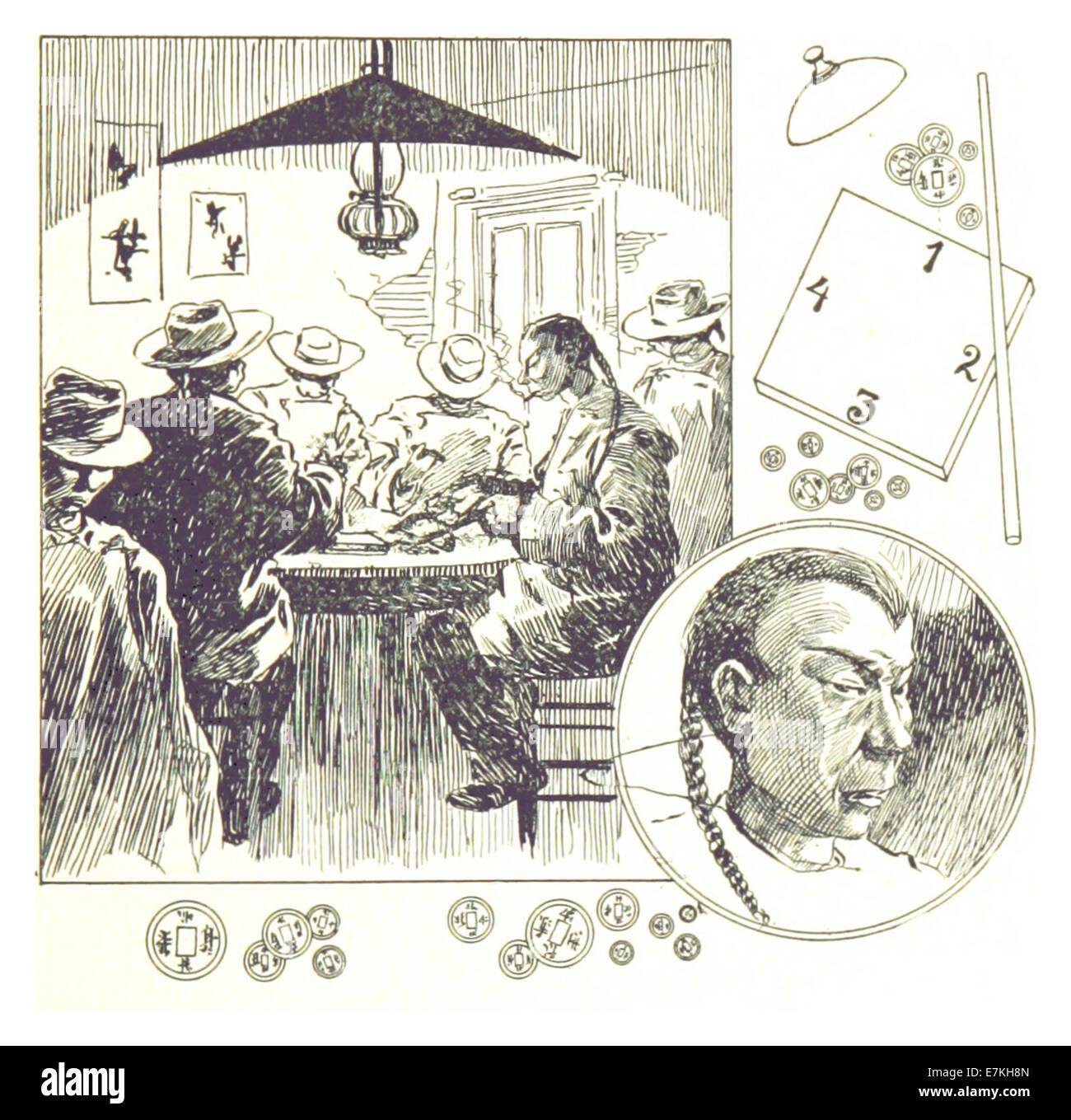 An 1898 drawing by Beck illustrating fan-tan players and the utensils ...