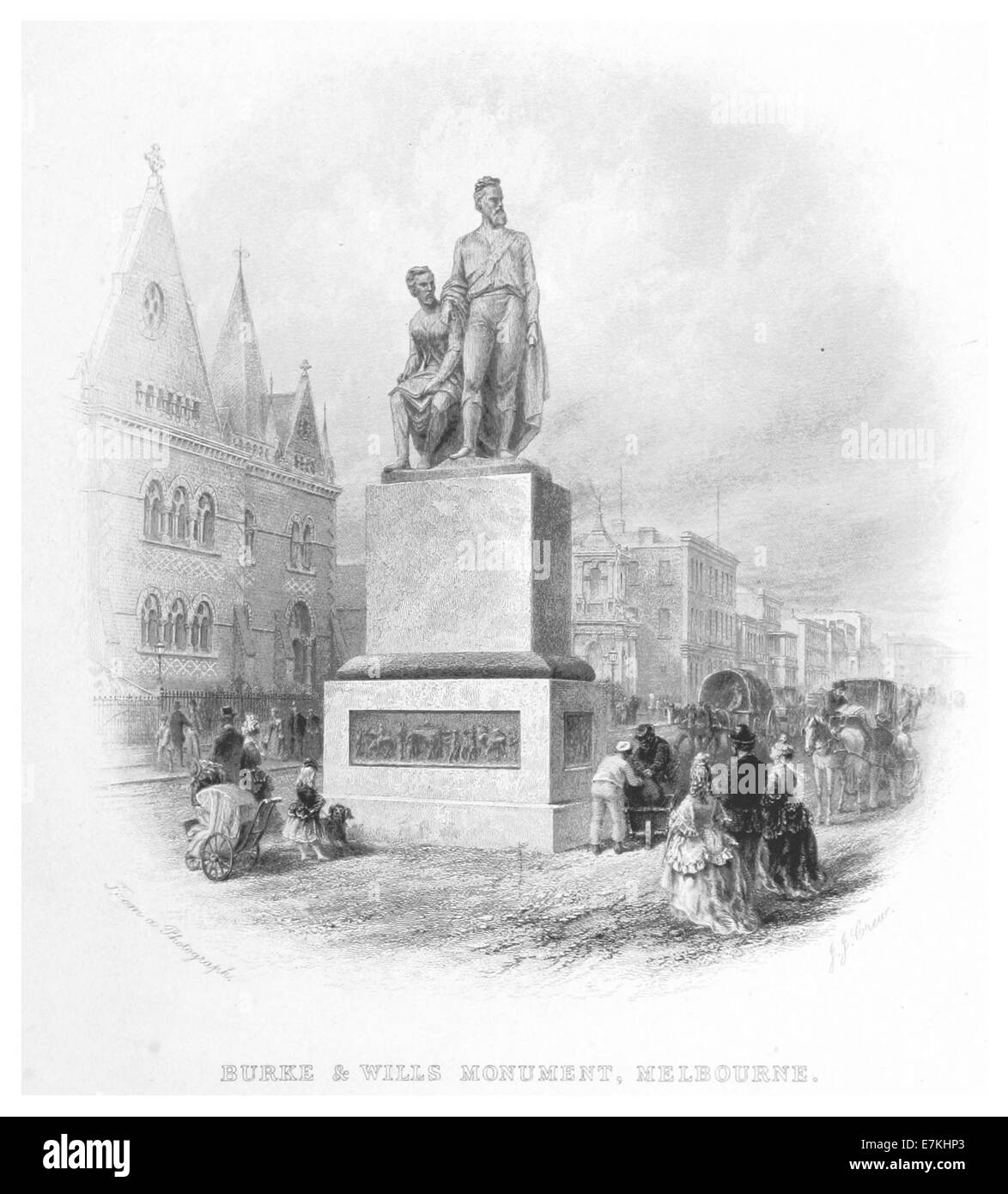 A drawing from Booth's 1873 archive showing the Burke & Wills Monument ...