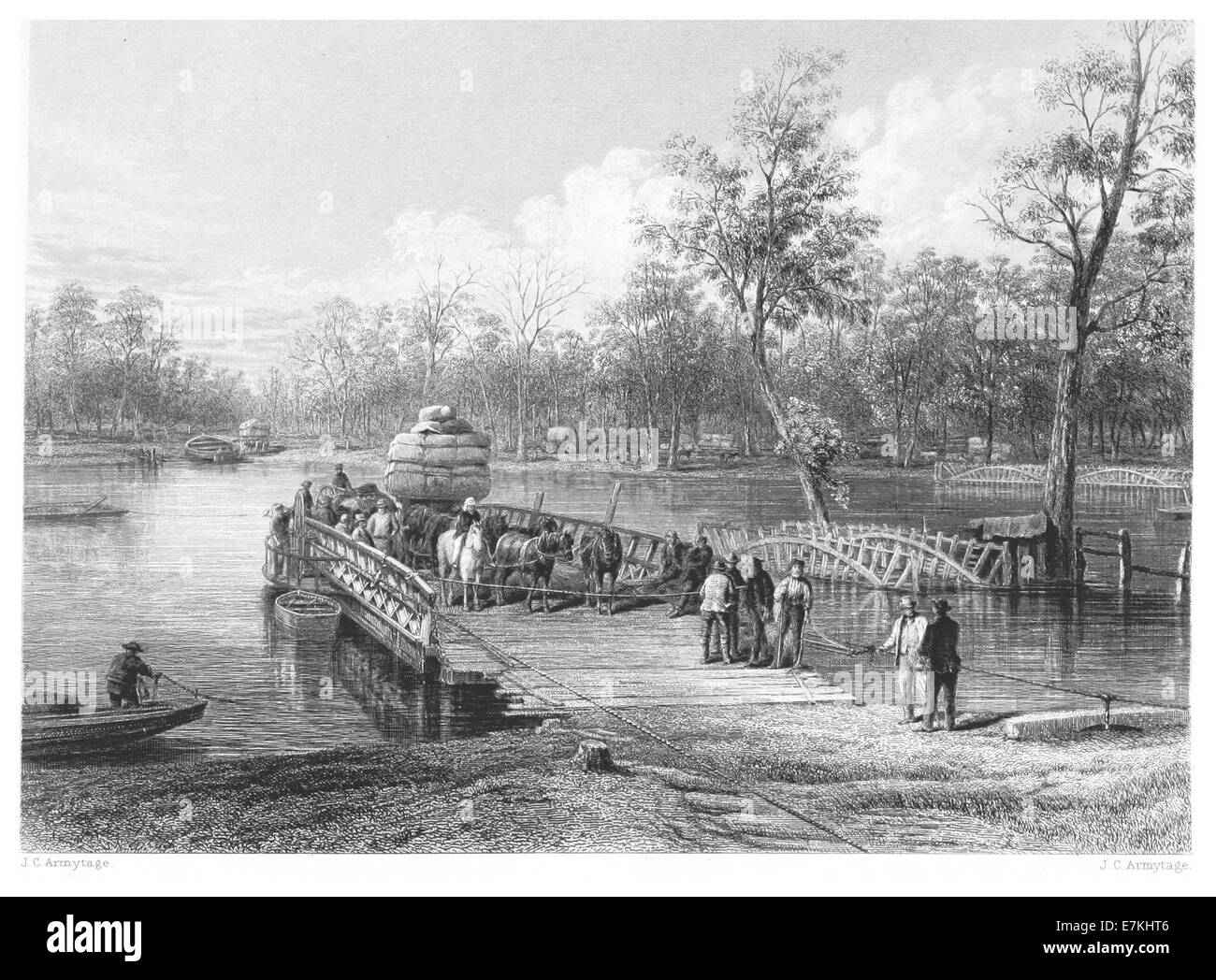 This 1873 illustration by Booth depicts a punt at Echuca, Australia ...