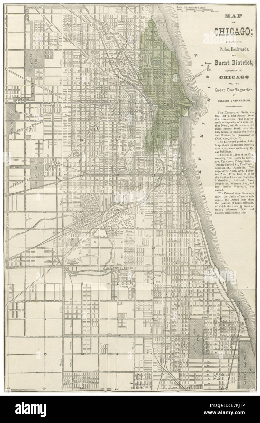 An 1871 map of Chicago from Colbert, illustrating the city's layout and ...