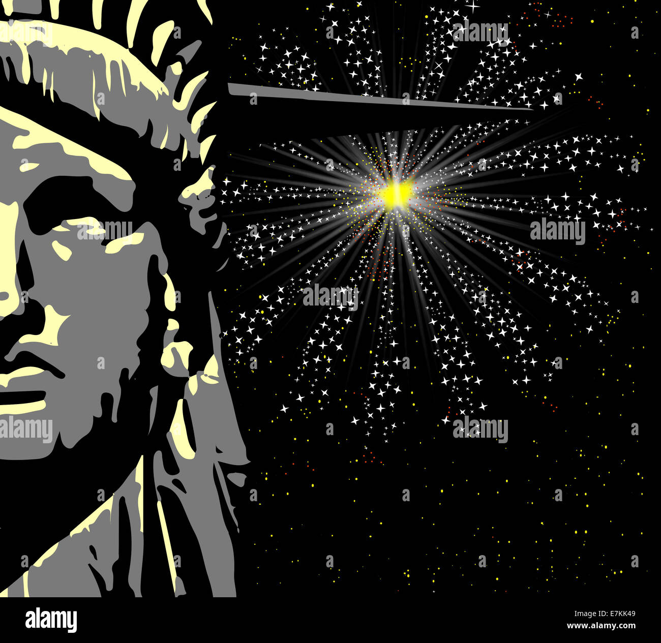 The face of the Statue of Liberty over a sky rocket 4th July background ...