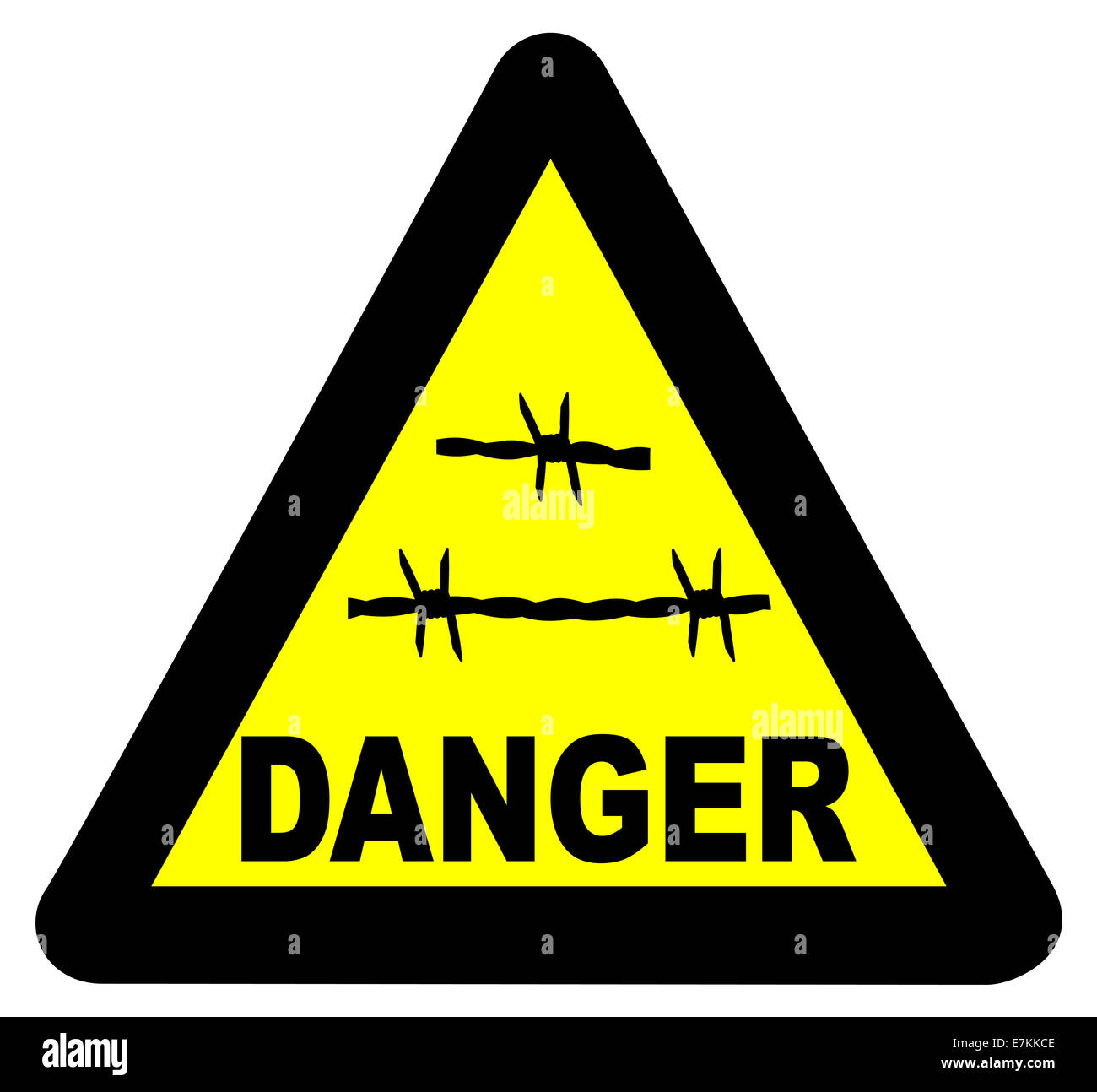 A triangle barbed wire warning sign over a white background Stock Photo ...