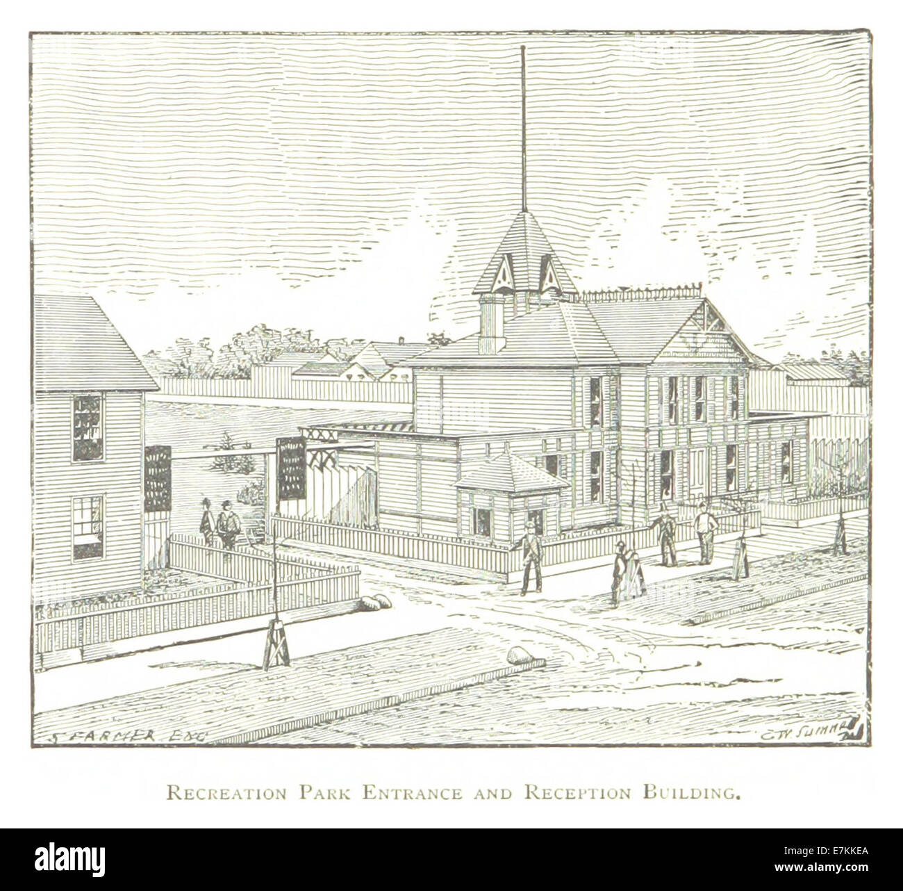An 1884 drawing of the Recreation Park entrance and reception building ...