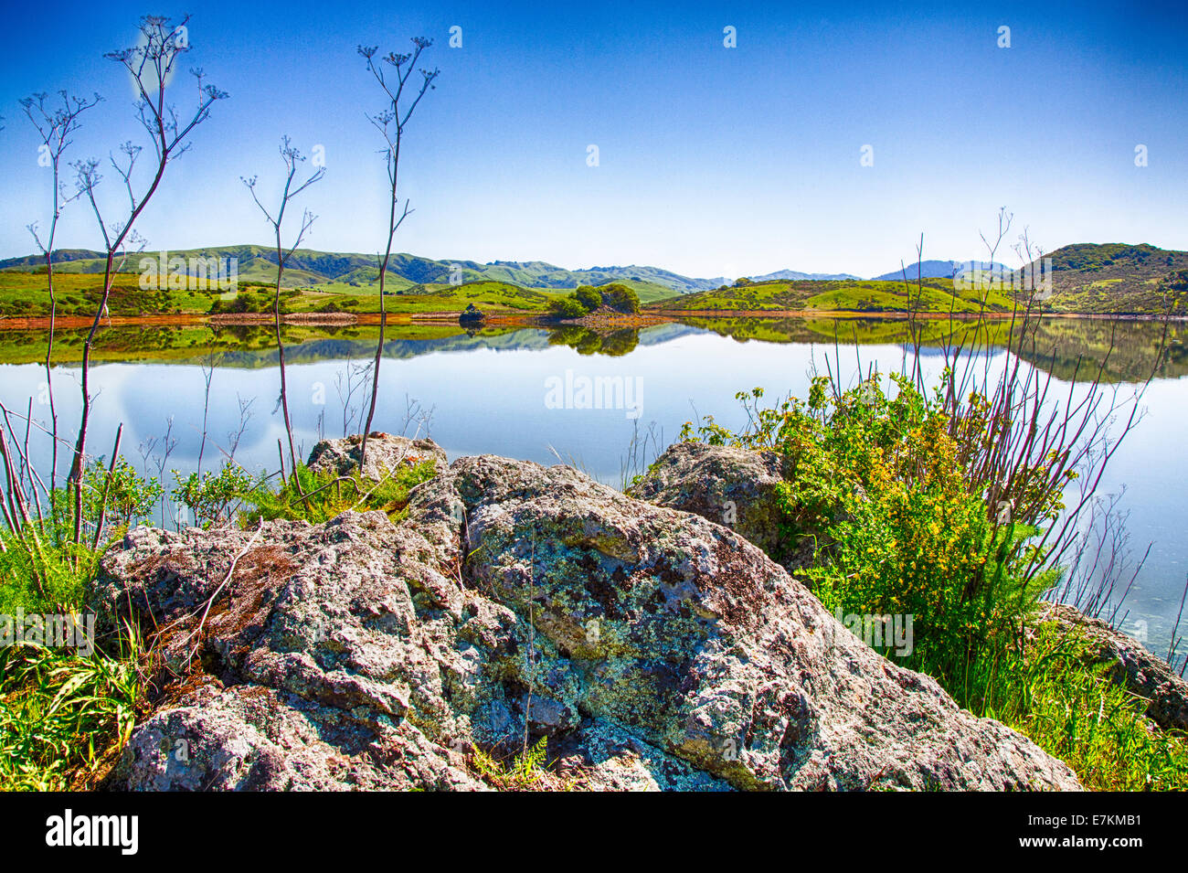 Nicasio Reservoir in Marin County California with a perfect reflection ...