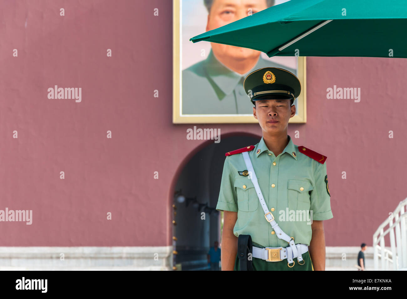 A Chinese soldier stands guard at Tiananmen Gate outside of the ...