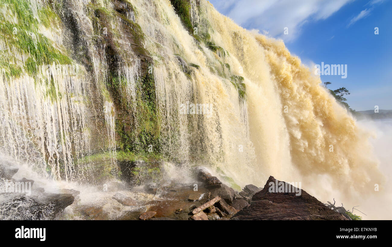 View of the powerful river waterfall in the valley of Canaima ...