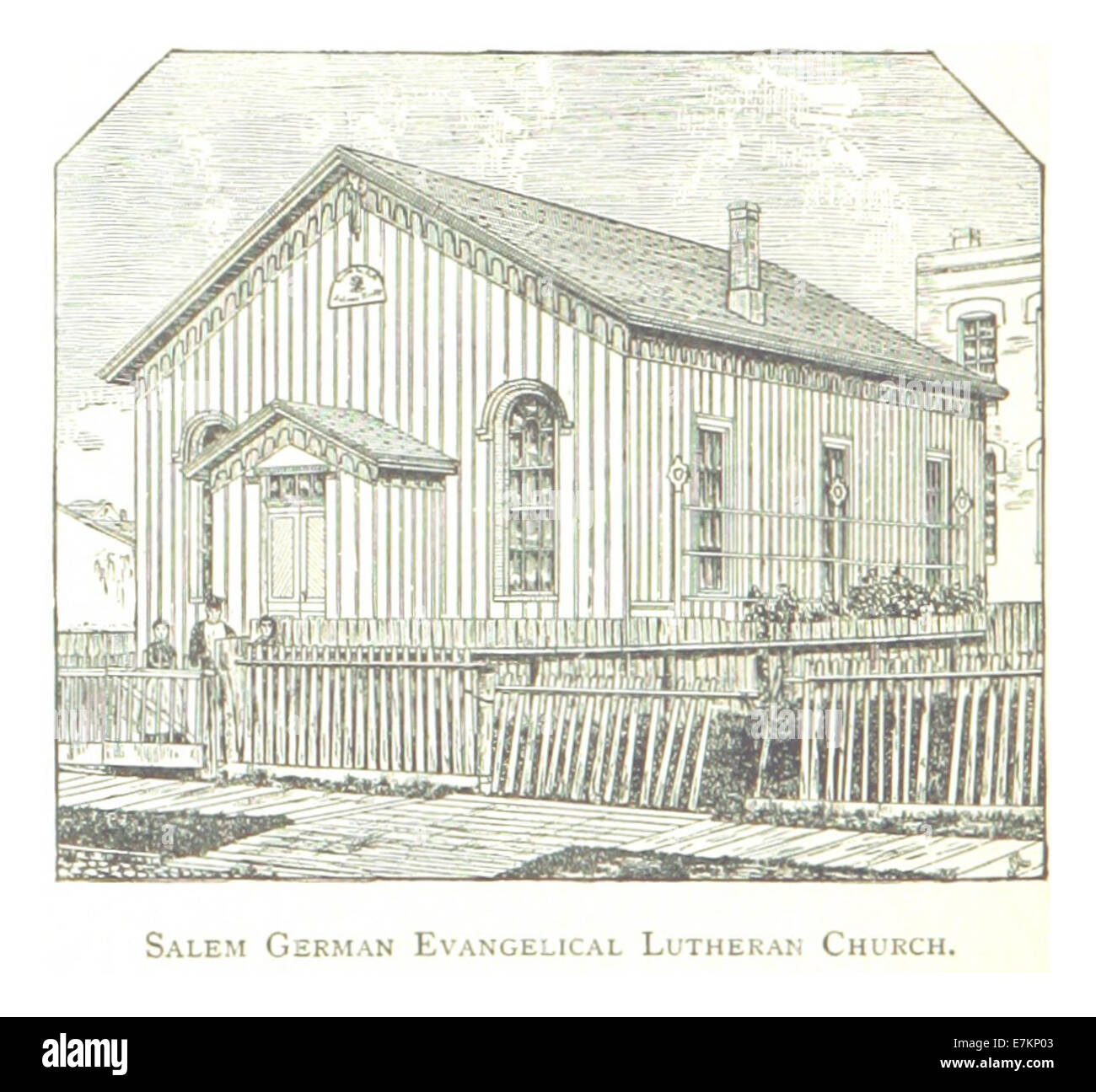 An 1884 illustration of the Salem German Evangelical Lutheran Church in ...