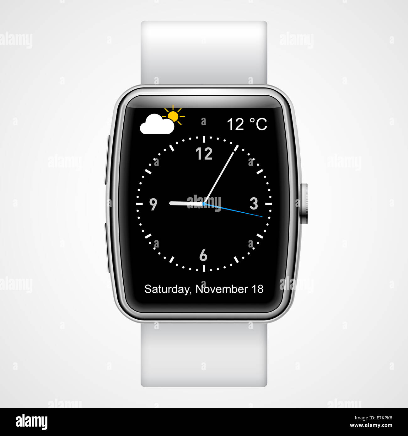 Smart analog wrist watch with black screen on white background Stock ...