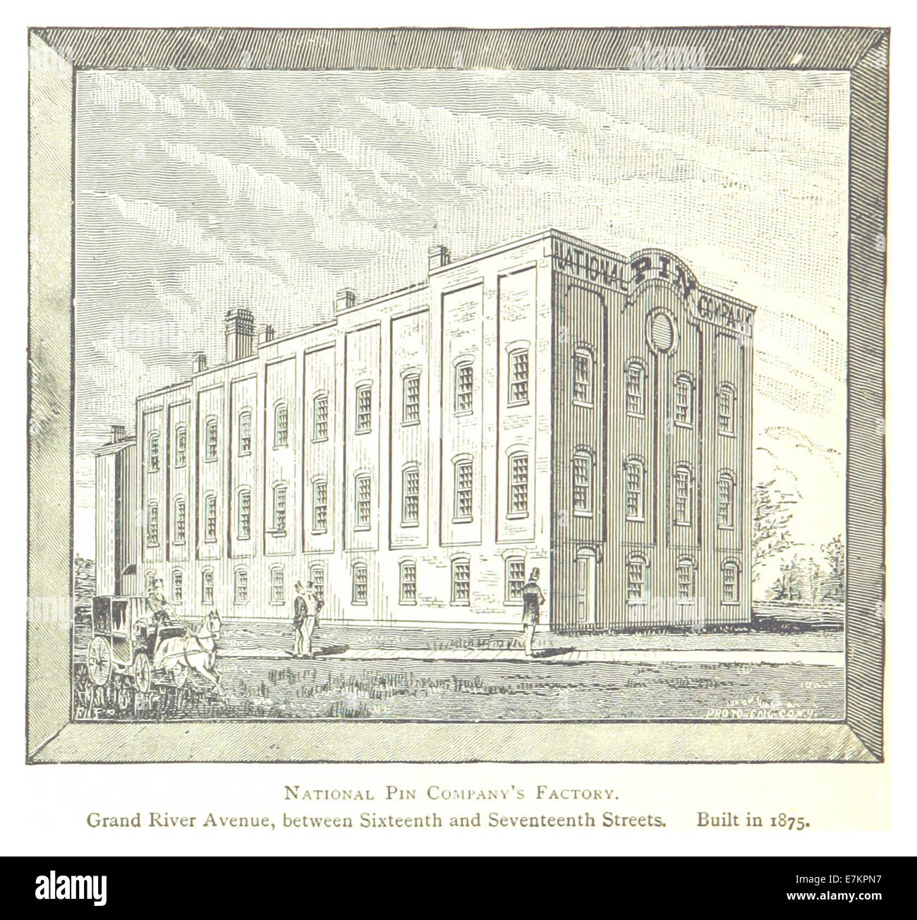 An 1884 depiction of the National Pin Company's factory on Grand River ...