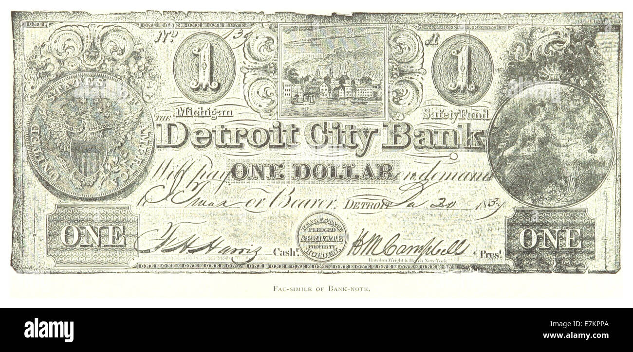 This 1884 illustration shows a facsimile of a banknote from Detroit ...