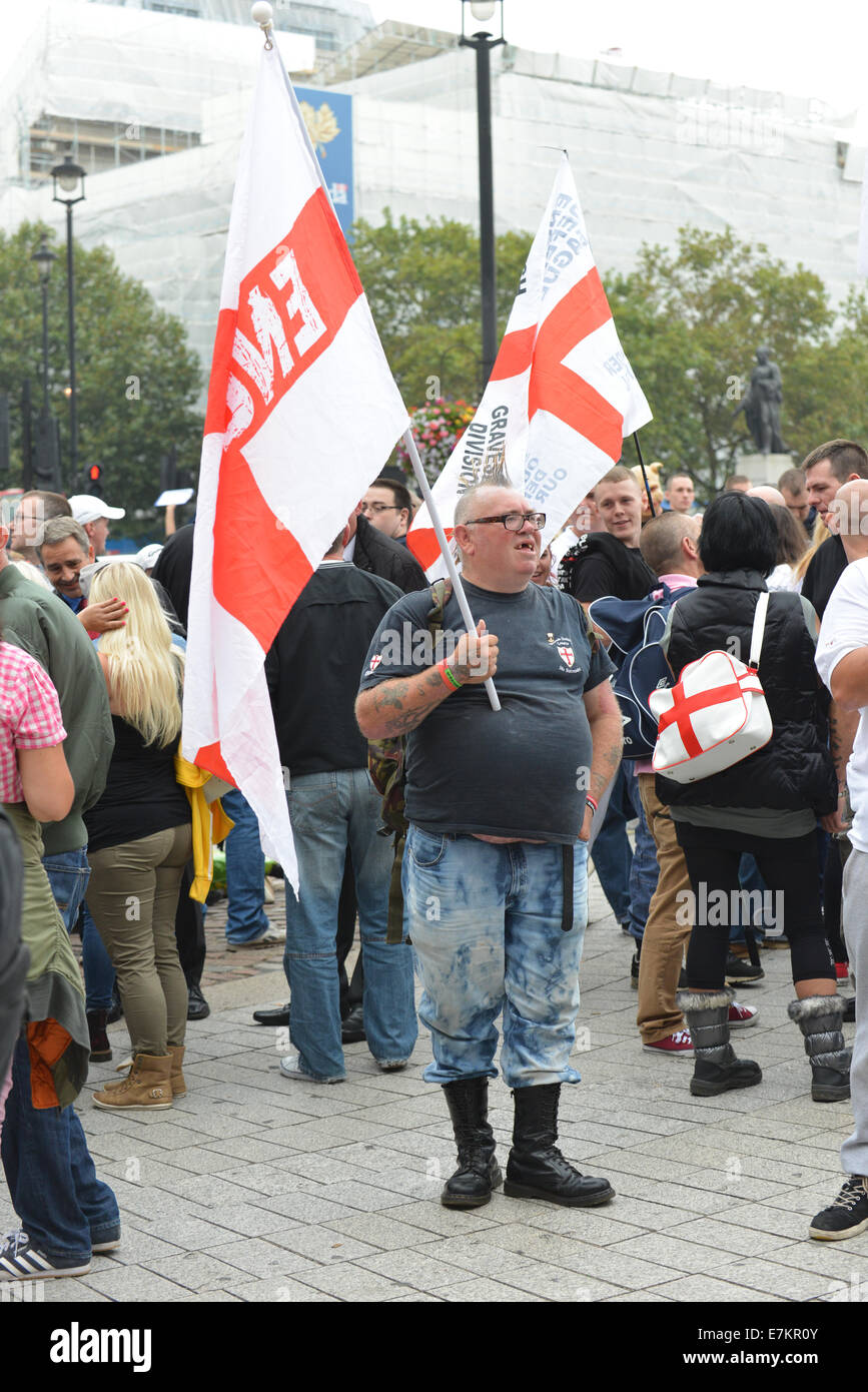 Whitehall, London, UK. 20th September 2014. EDL members holding flags ...