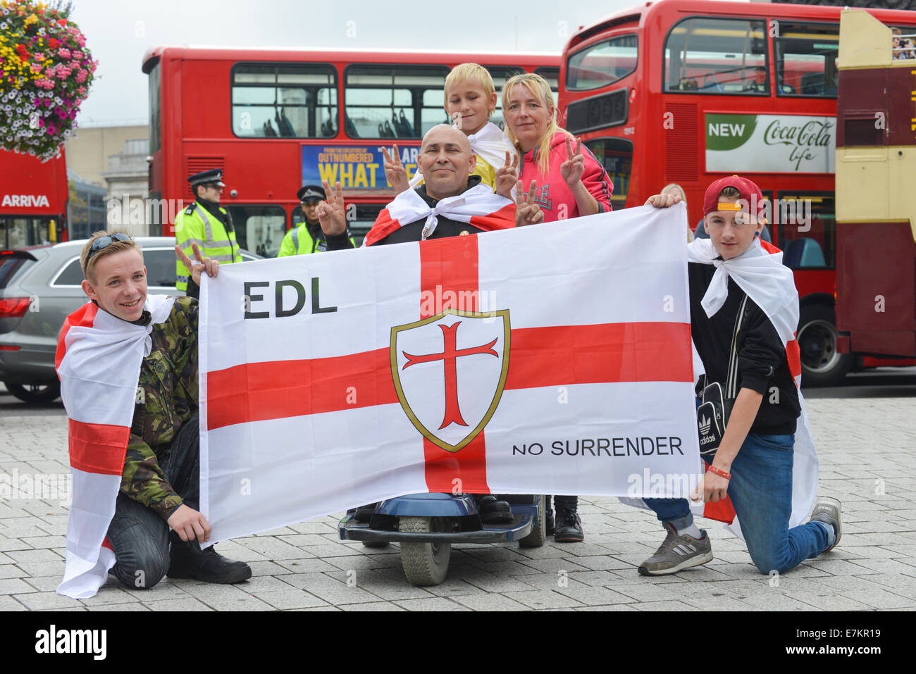 Whitehall, London, UK. 20th September 2014. EDL members holding flags ...