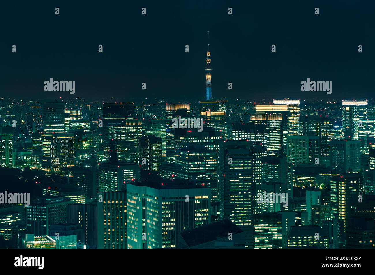 The cityscape of Tokyo at night, with the Tokyo Skytree in the far ...