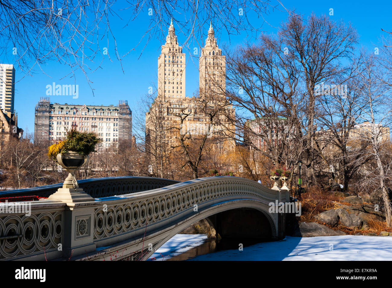 US, New York City, Central Park. Bow Bridge. The Ramble and Lake Stock ...