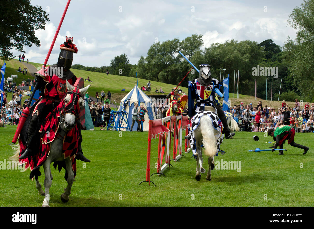 Knights taking part in a medieval jousting tournament at Linlithgow ...