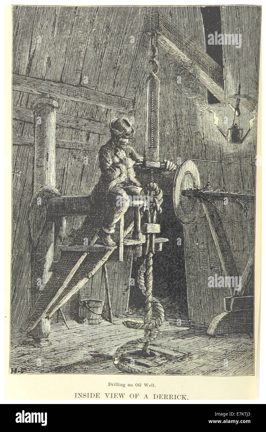 A 1873 illustration showing the interior view of a derrick, an ...