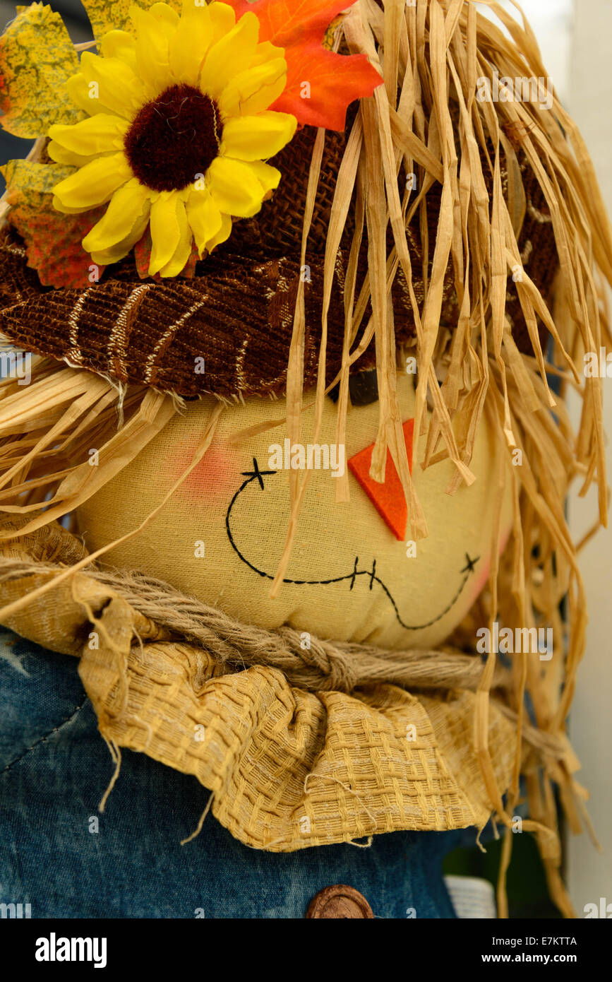 Halloween scarecrow decorations with flowers and hay Stock Photo - Alamy
