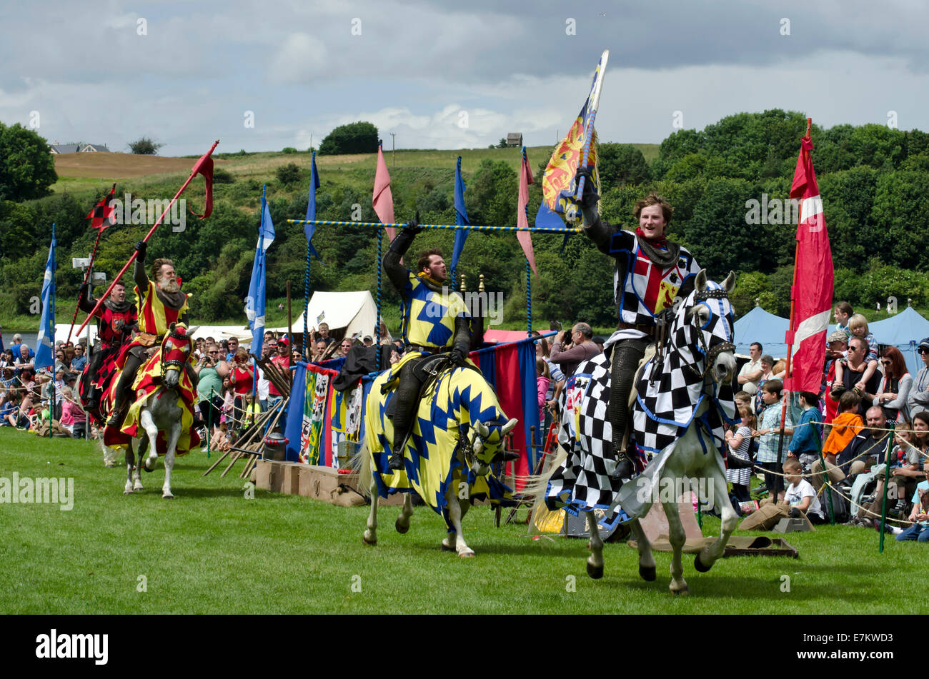 Knights taking part in a medieval jousting tournament at Linlithgow ...