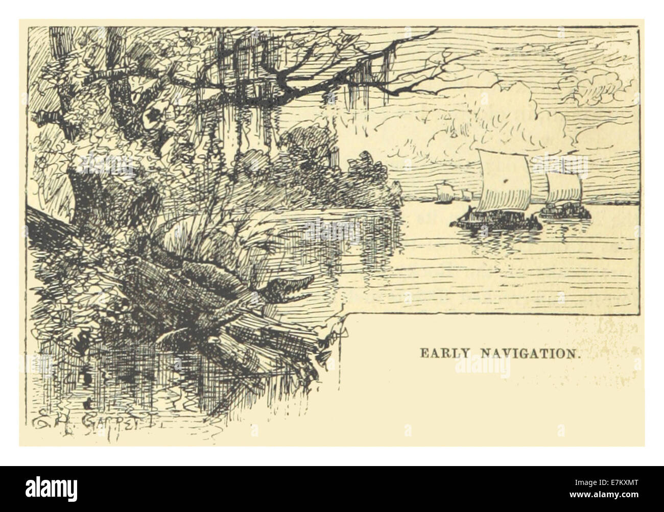 This 1883 illustration by Mark Twain shows early navigation techniques ...