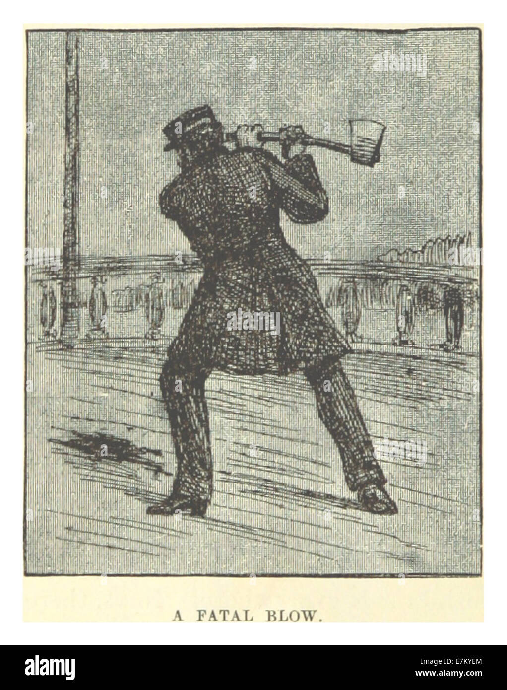 An 1883 illustration by Mark Twain, titled 'A Fatal Blow'. This drawing ...