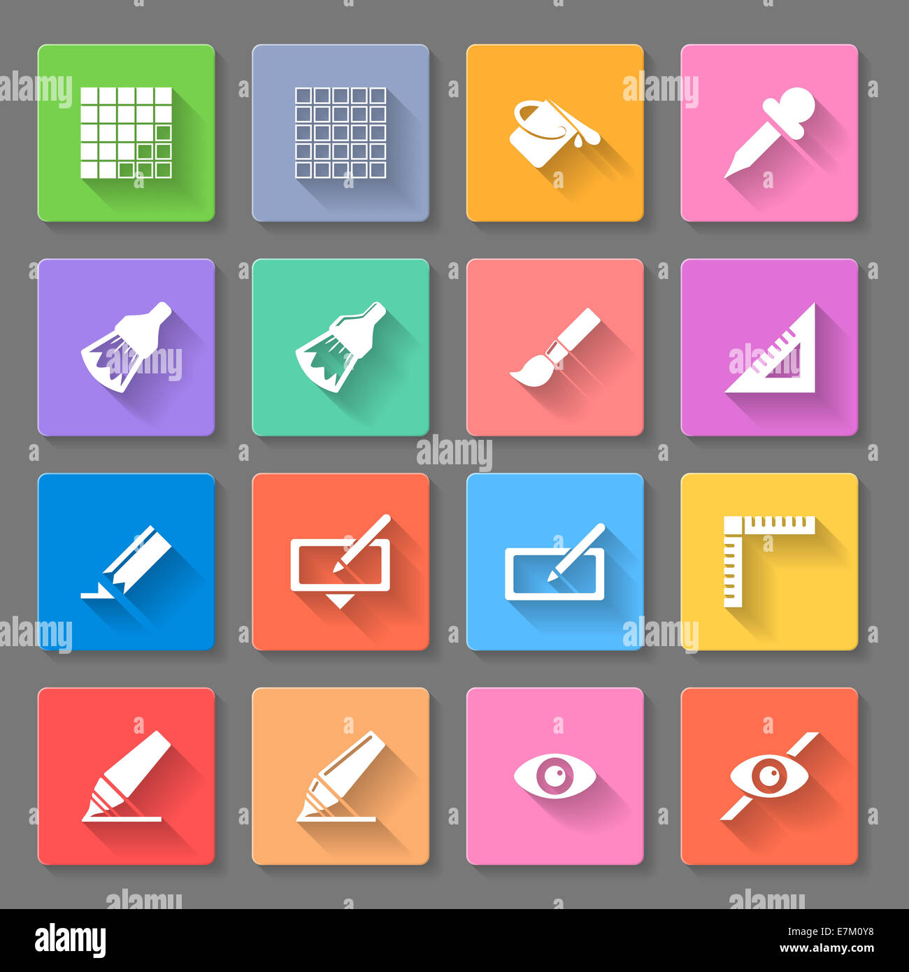 Set of flat square buttons with drawing functions on the gray ...