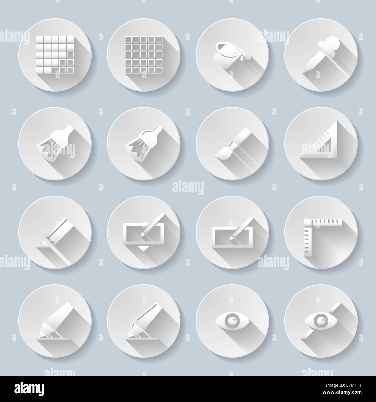 Set of flat round buttons with drawing functions on the gray background ...