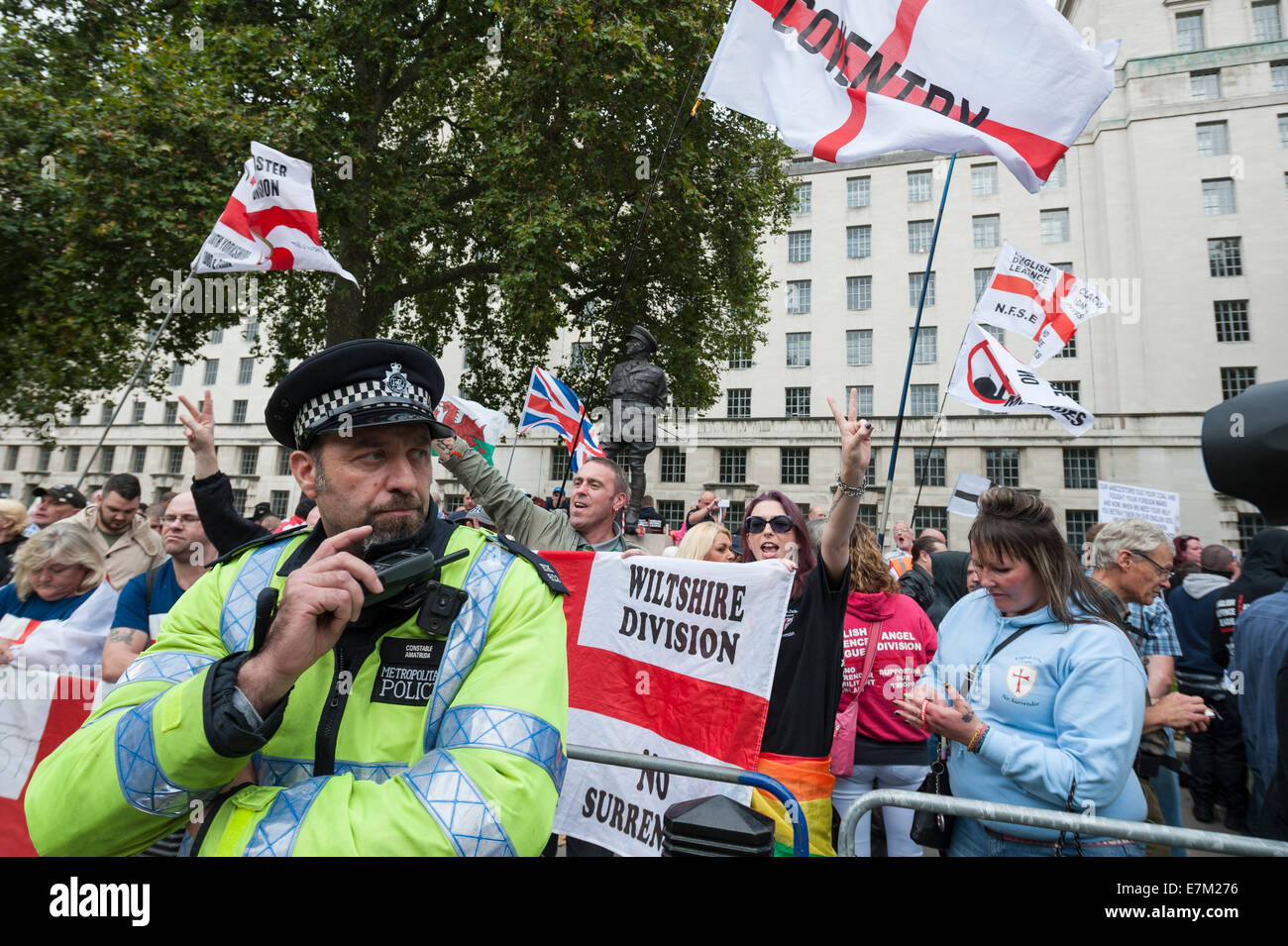 Whitehall, London, UK. 20 Sep 2014. The English Defence League gather ...