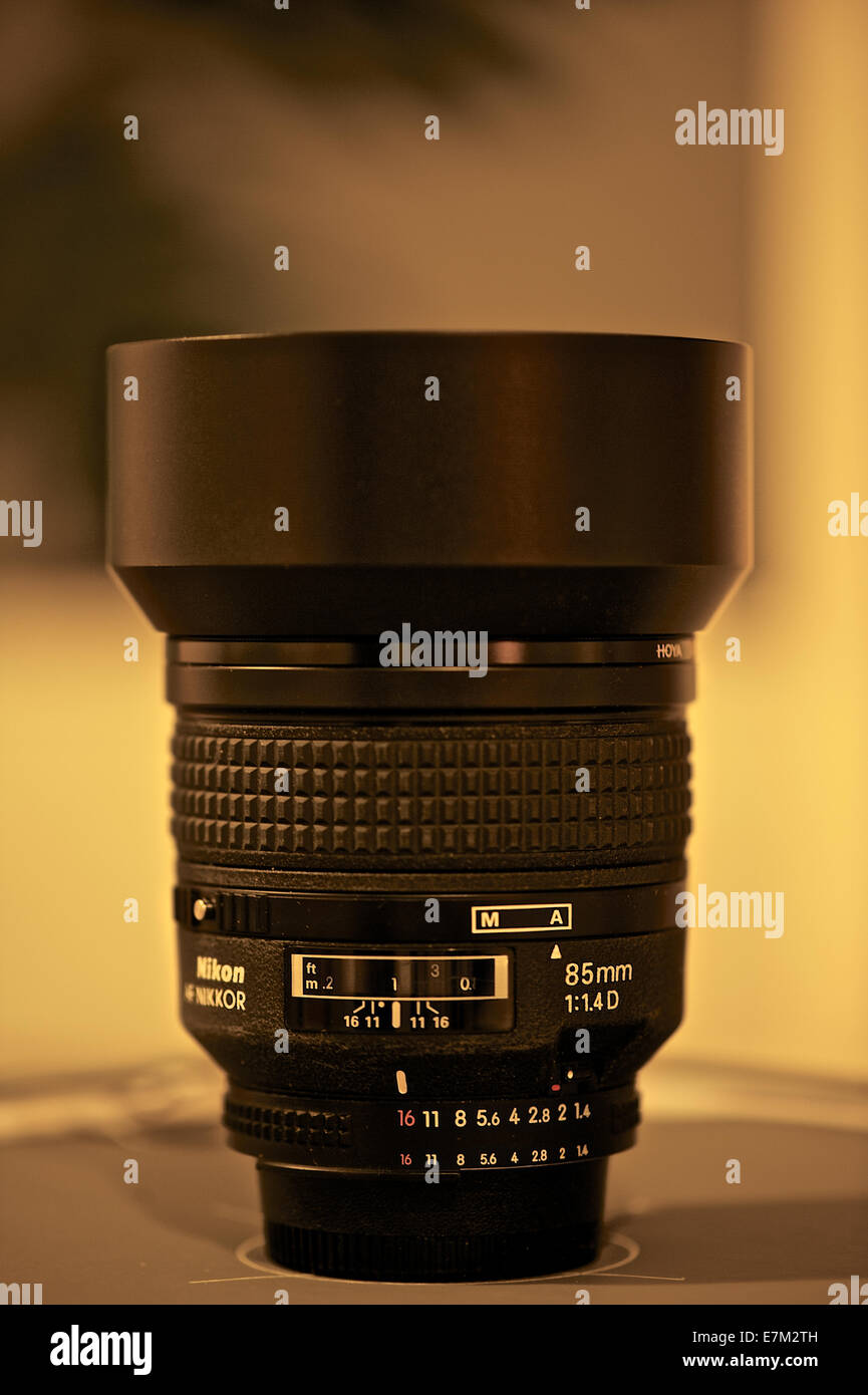 Nikkor 85mm prime lens with lens hood Stock Photo - Alamy