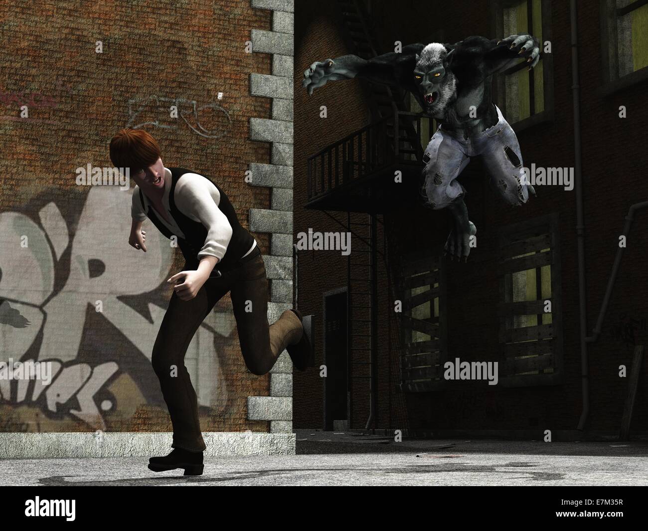 Terrified man running from leaping werewolf in run down area of the ...