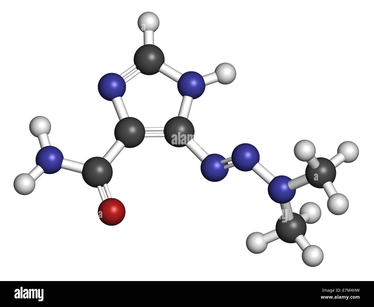 Dacarbazine cancer chemotherapy drug molecule. Atoms are represented as ...