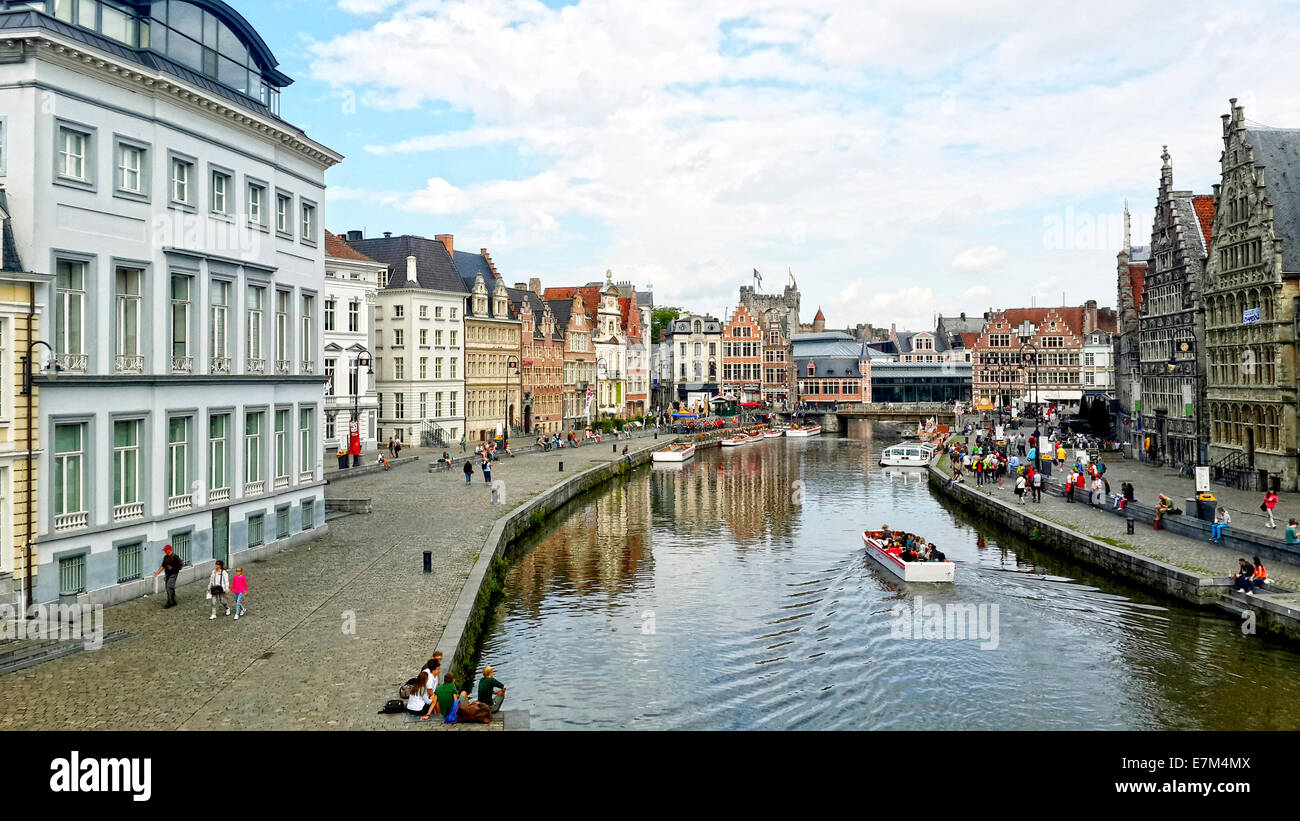 View of the beautiful city of Ghent Belgium showing the river canal ...