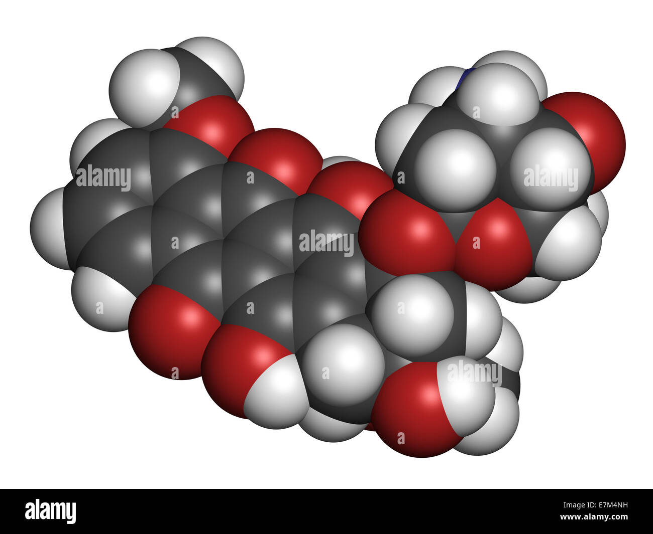 Daunorubicin (daunomycin) cancer chemotherapy drug molecule. Atoms are ...