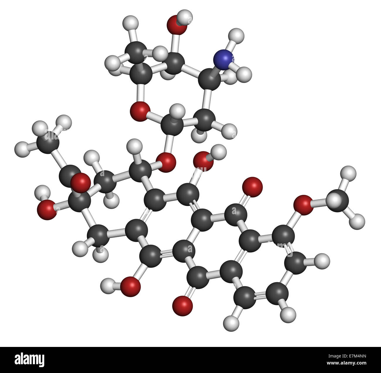 Daunorubicin (daunomycin) cancer chemotherapy drug molecule. Atoms are ...
