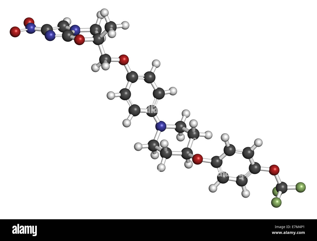 Delamanid tuberculosis drug molecule. Atoms are represented as spheres ...