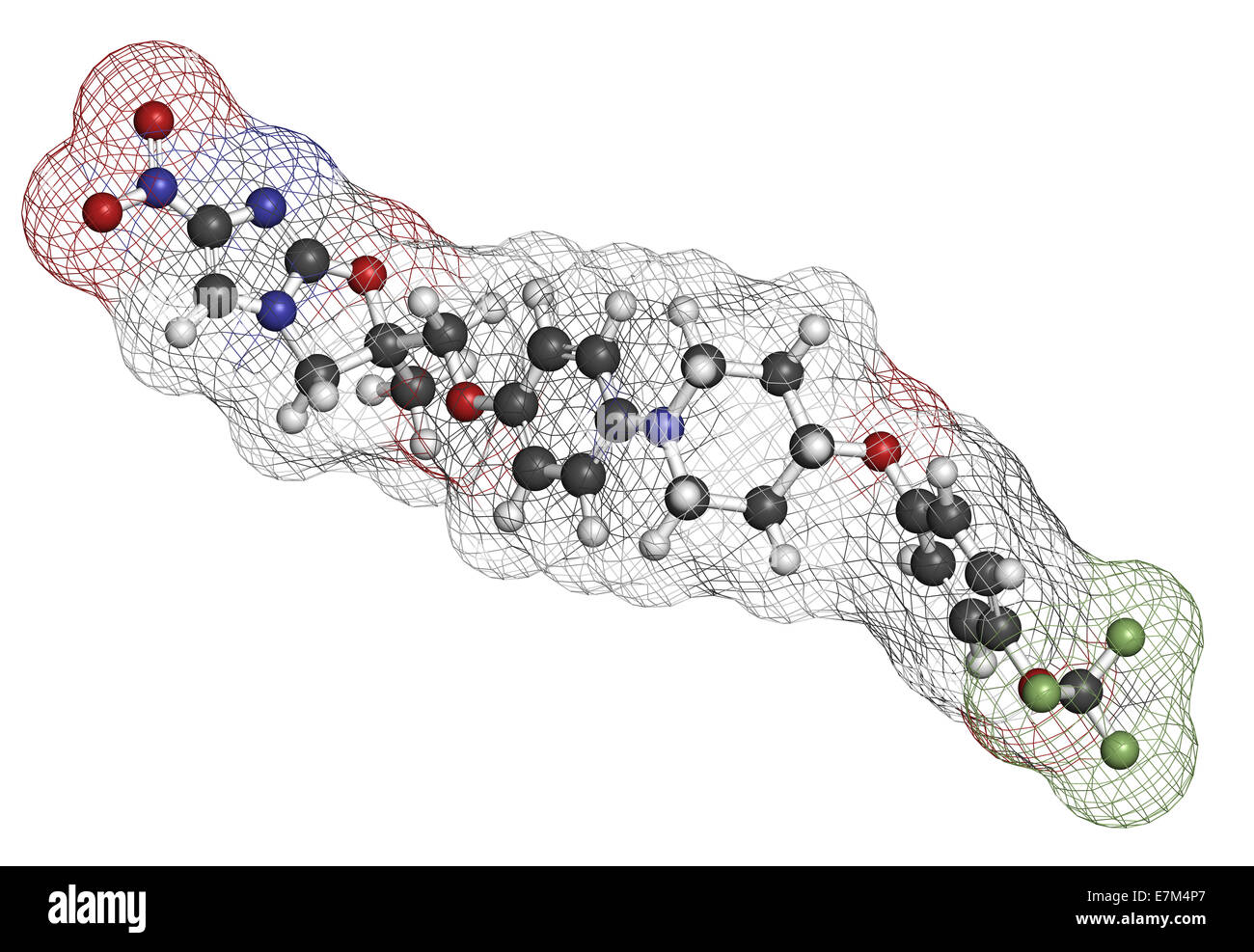 Delamanid tuberculosis drug molecule. Atoms are represented as spheres ...
