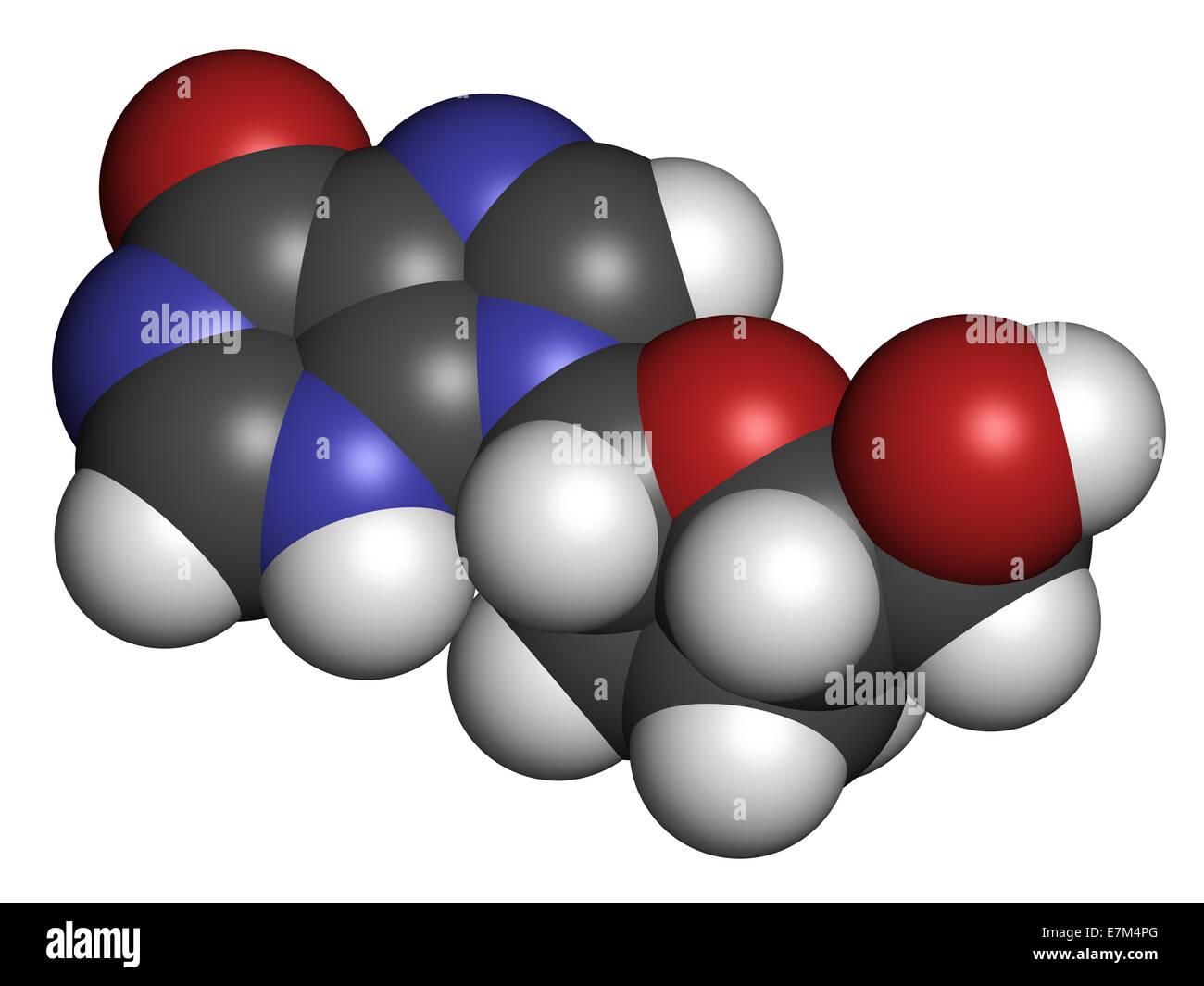 Didanosine (2′,3′-dideoxyinosine, ddI) HIV drug molecule. Atoms are ...