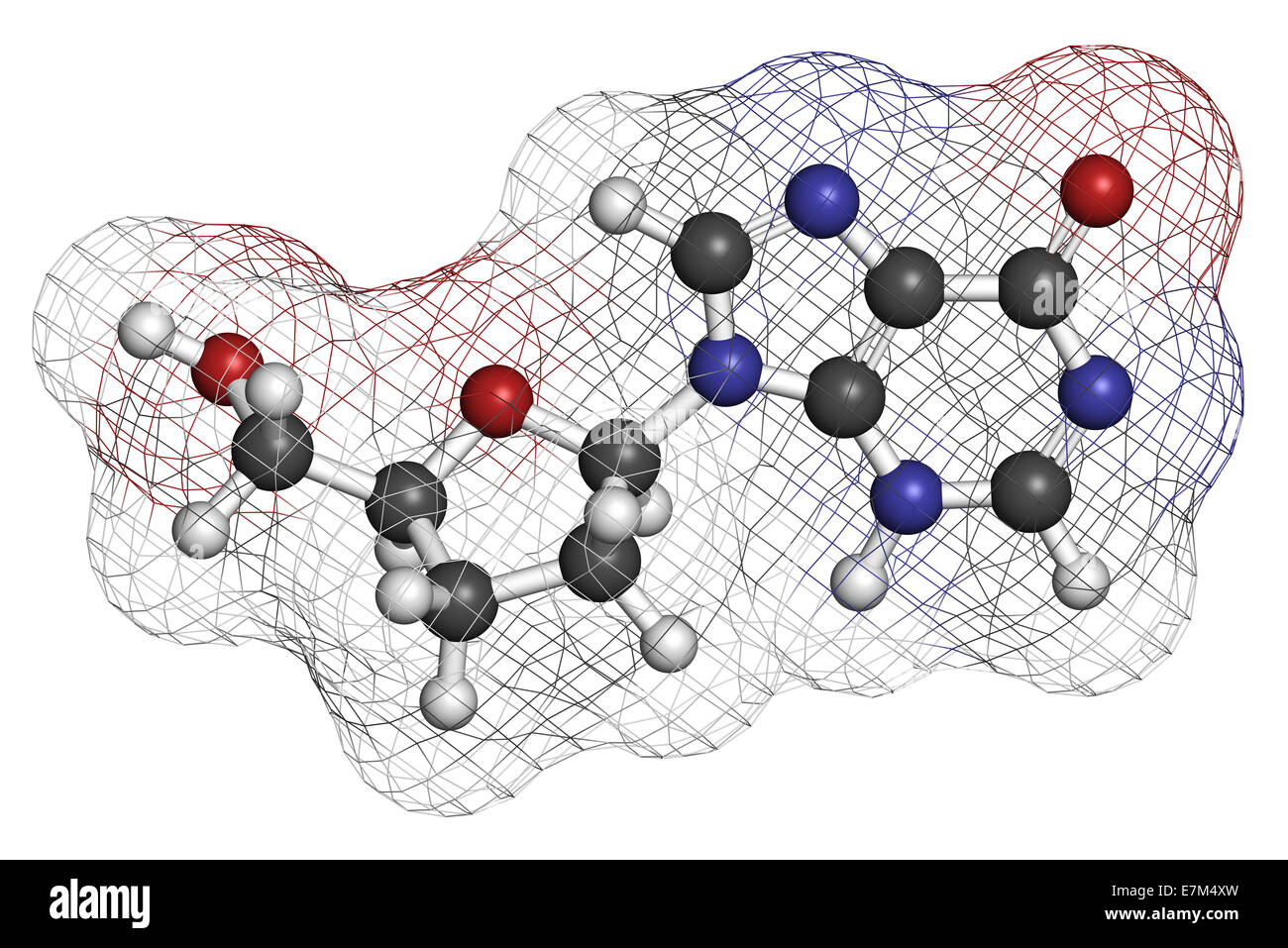 Didanosine (2′,3′-dideoxyinosine, ddI) HIV drug molecule. Atoms are ...