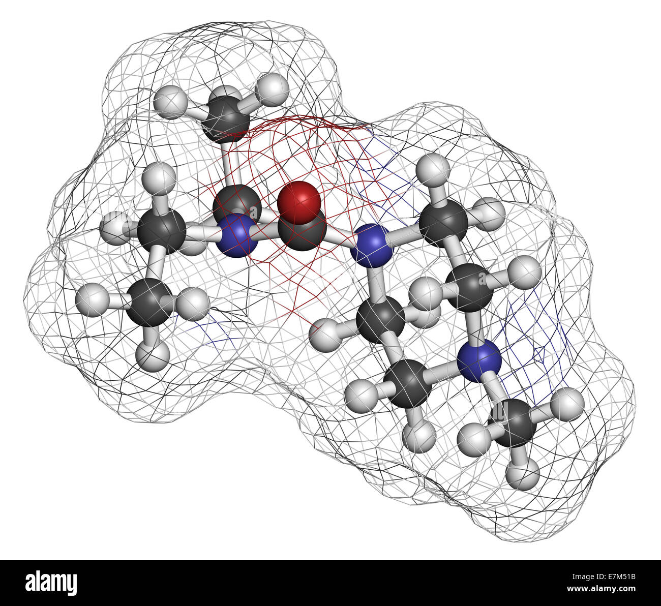 Diethylcarbamazine anthelmintic drug molecule. Atoms are represented as ...