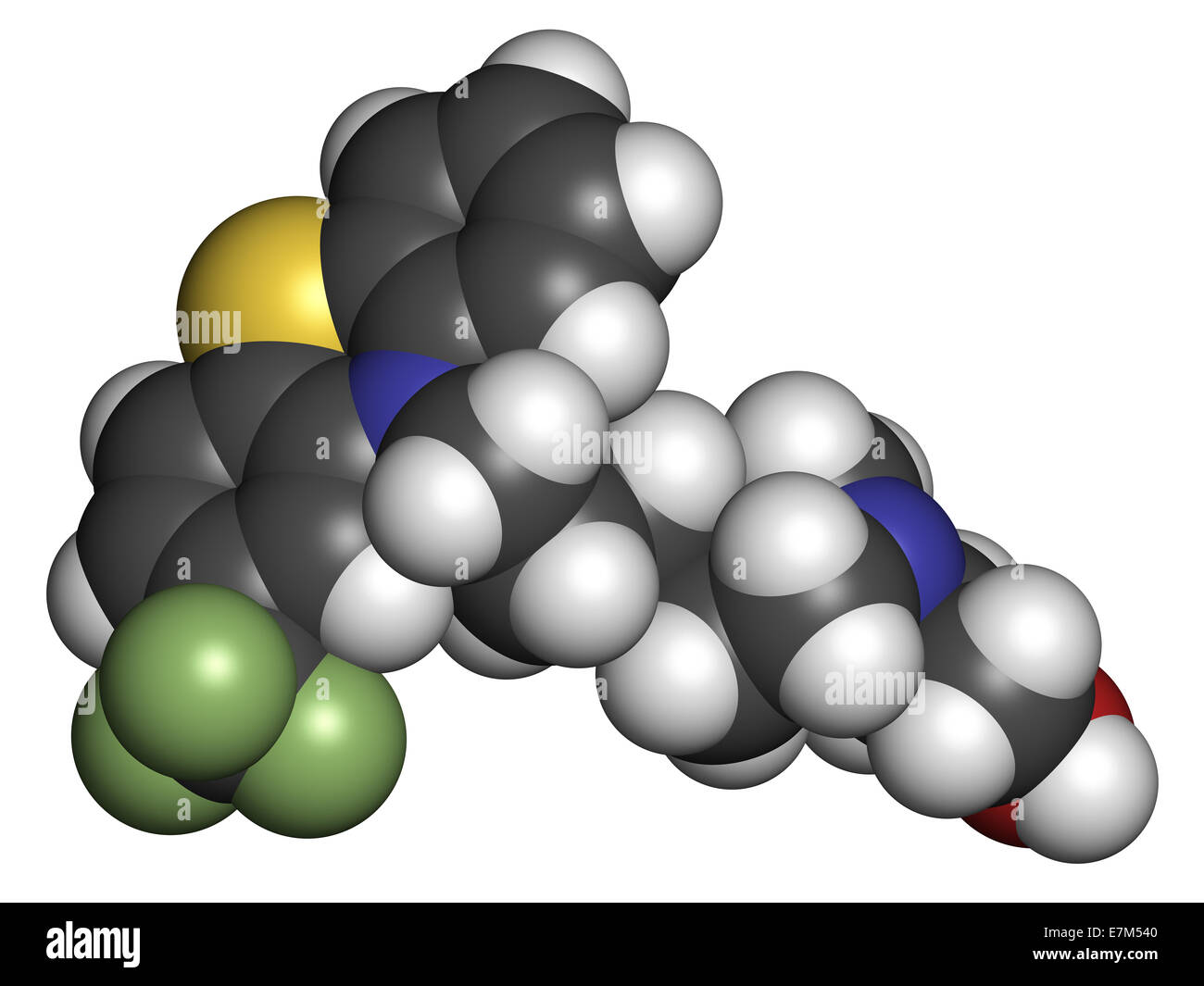 Fluphenazine antipsychotic drug molecule. Atoms are represented as ...