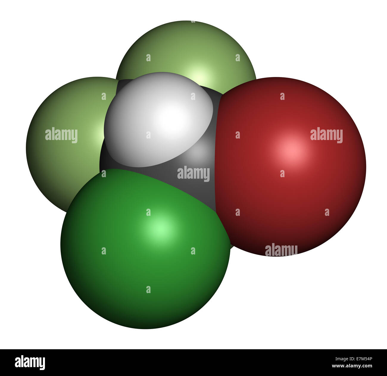 Halothane general anesthetic drug molecule. Atoms are represented as ...