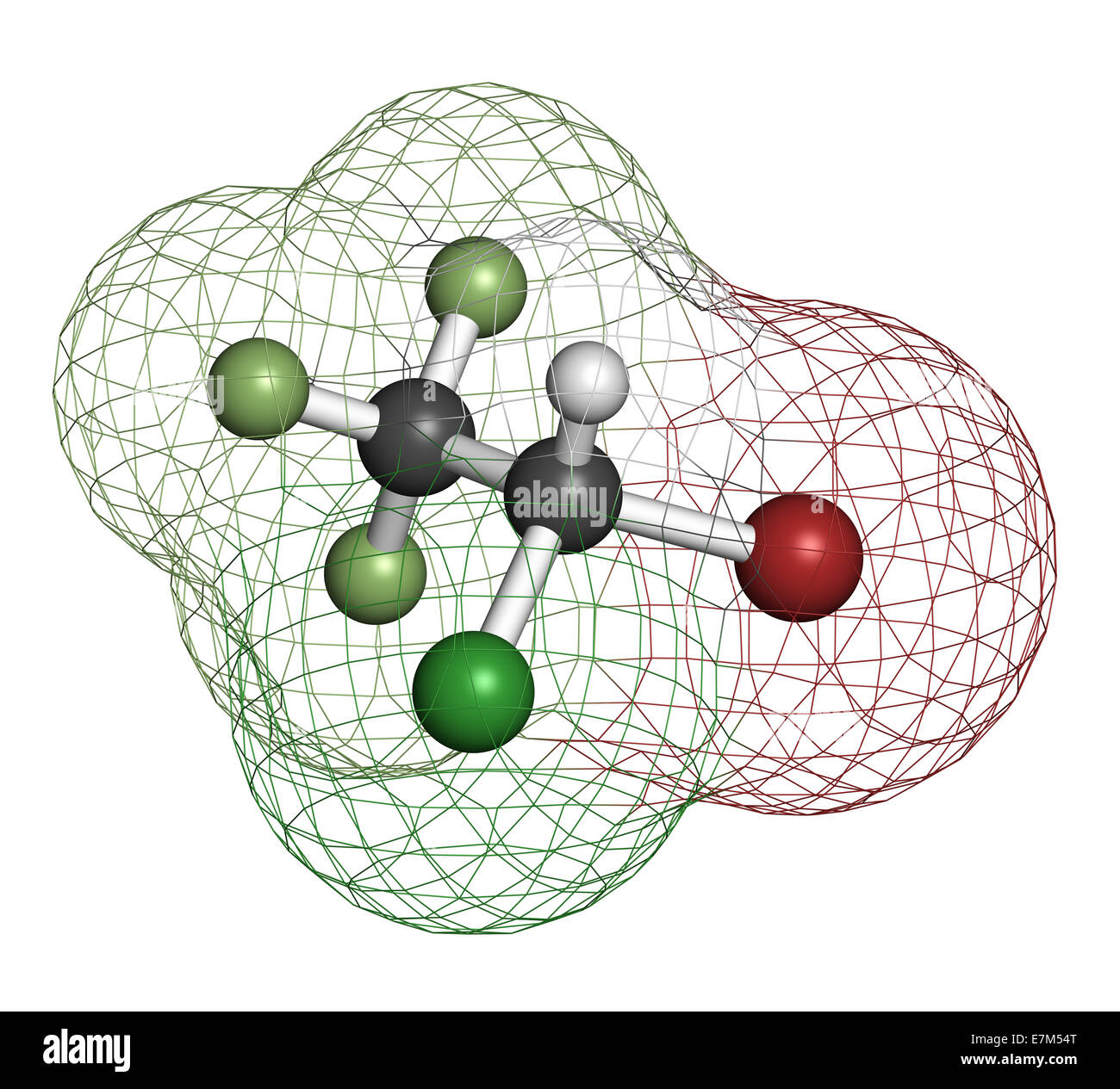 Halothane general anesthetic drug molecule. Atoms are represented as ...