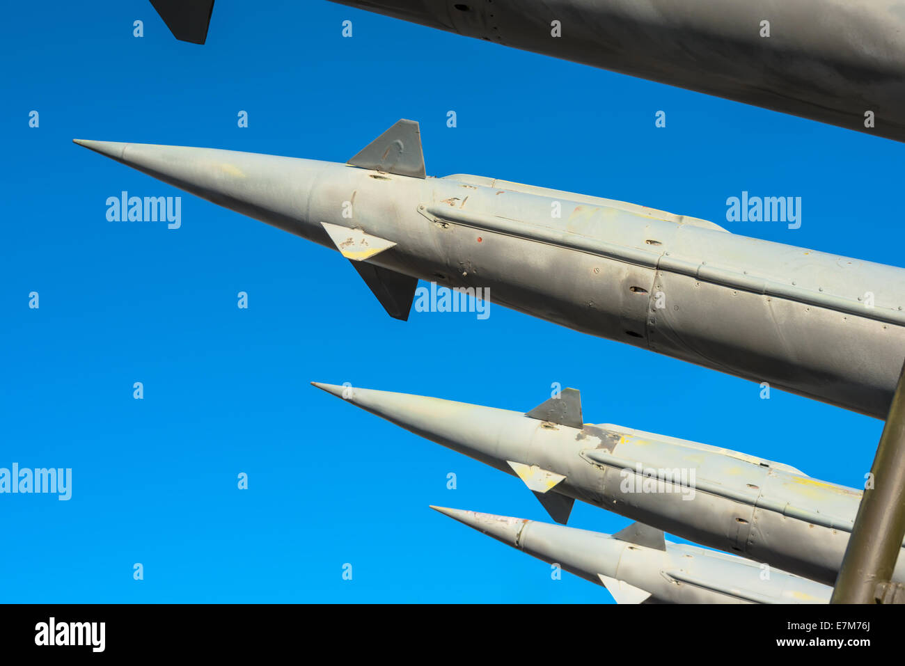 Antiaircraft rockets of a surface-to-air missile system are aimed at ...