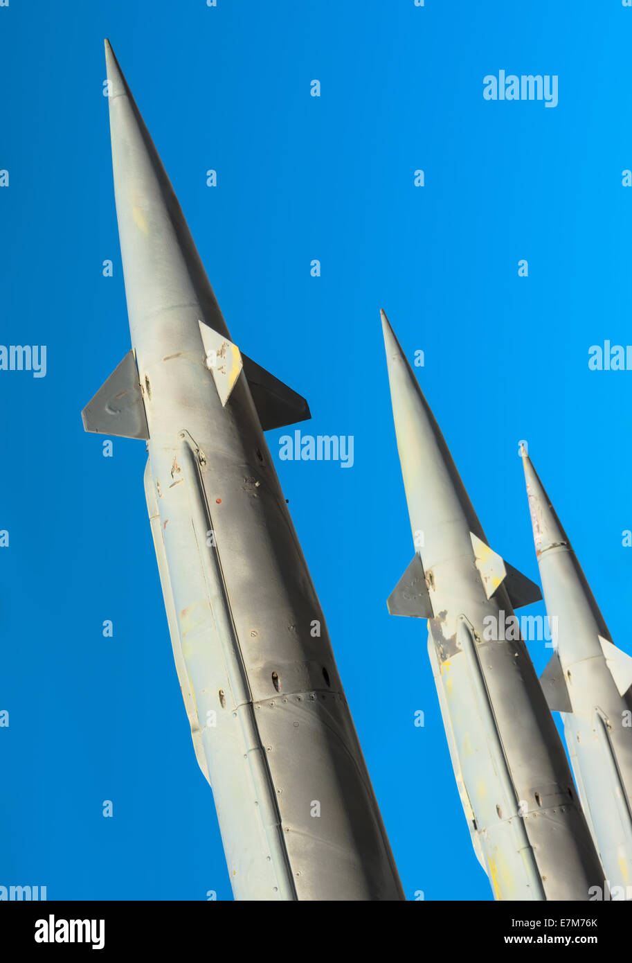 Antiaircraft rockets of a surface-to-air missile system are aimed at ...