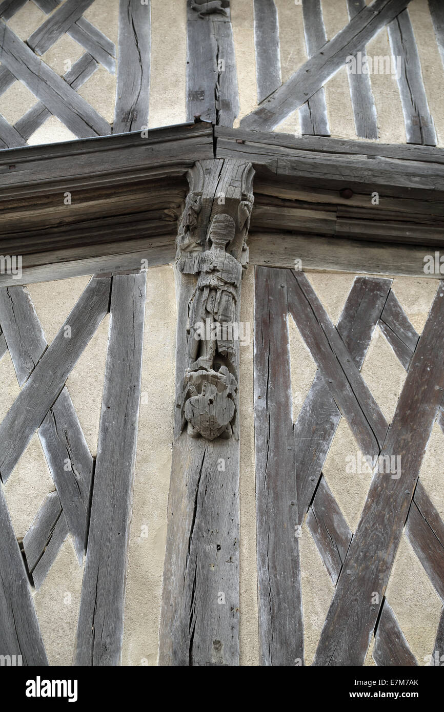 Detail of half timbered medieval building including wood carving Rue de ...