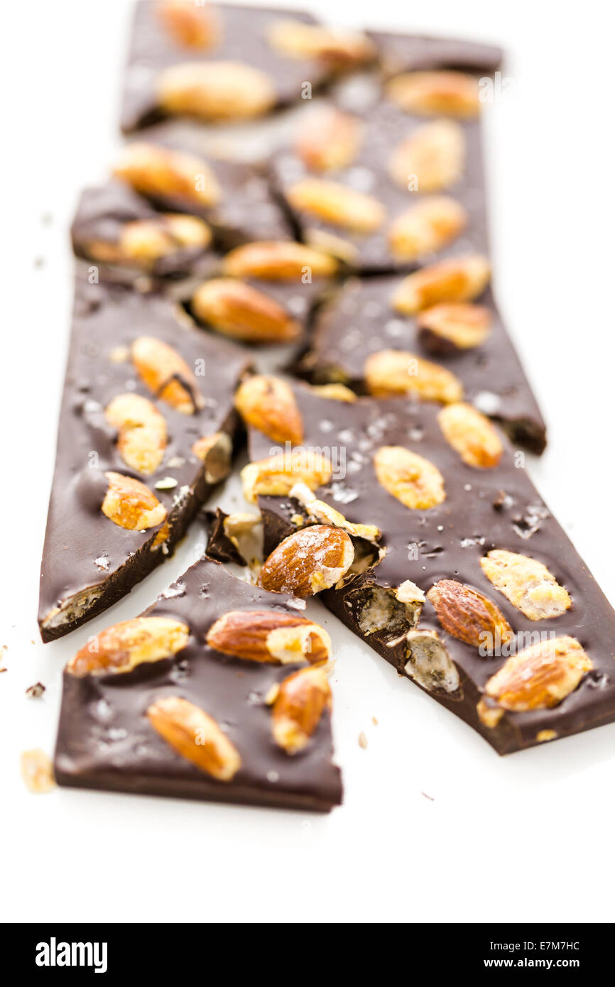 Gourmet almighty almond chocolate bar with sea salt on a white ...